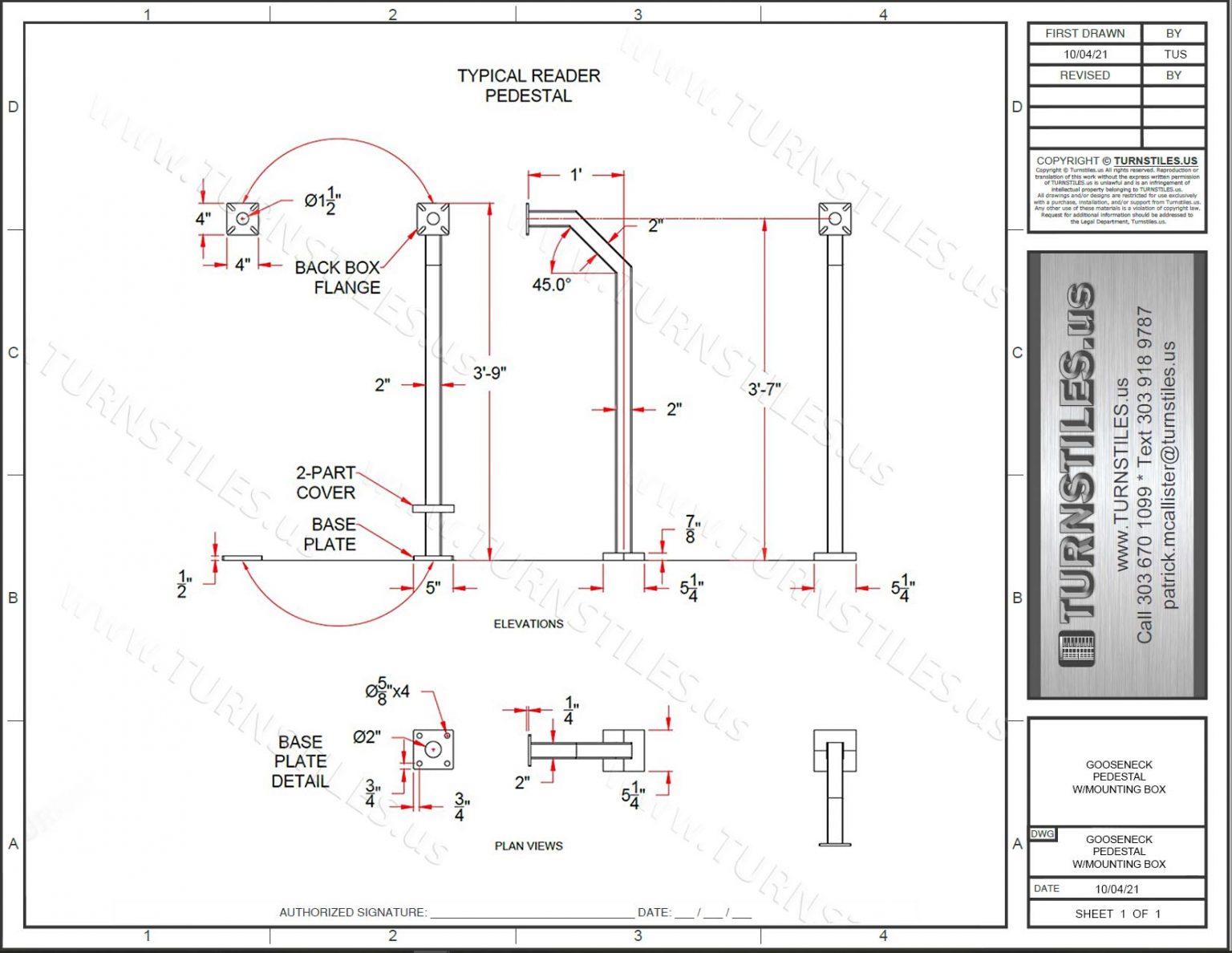 Gooseneck Pedestal with Card Reader Mounting Box - TURNSTILES.us